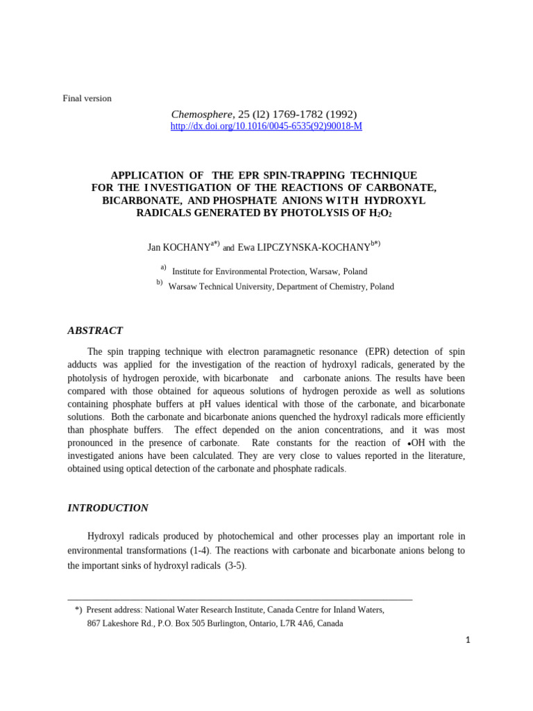Chemosphere 1992 article on h2o2 | PDF | Electron Paramagnetic ...