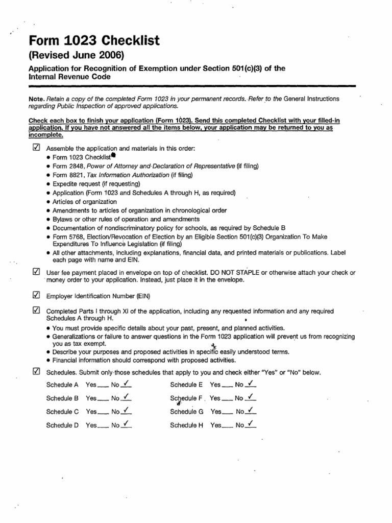 Form 1023 Checklist: (Revised June 2006) | PDF | Fundraising | Irs Tax ...