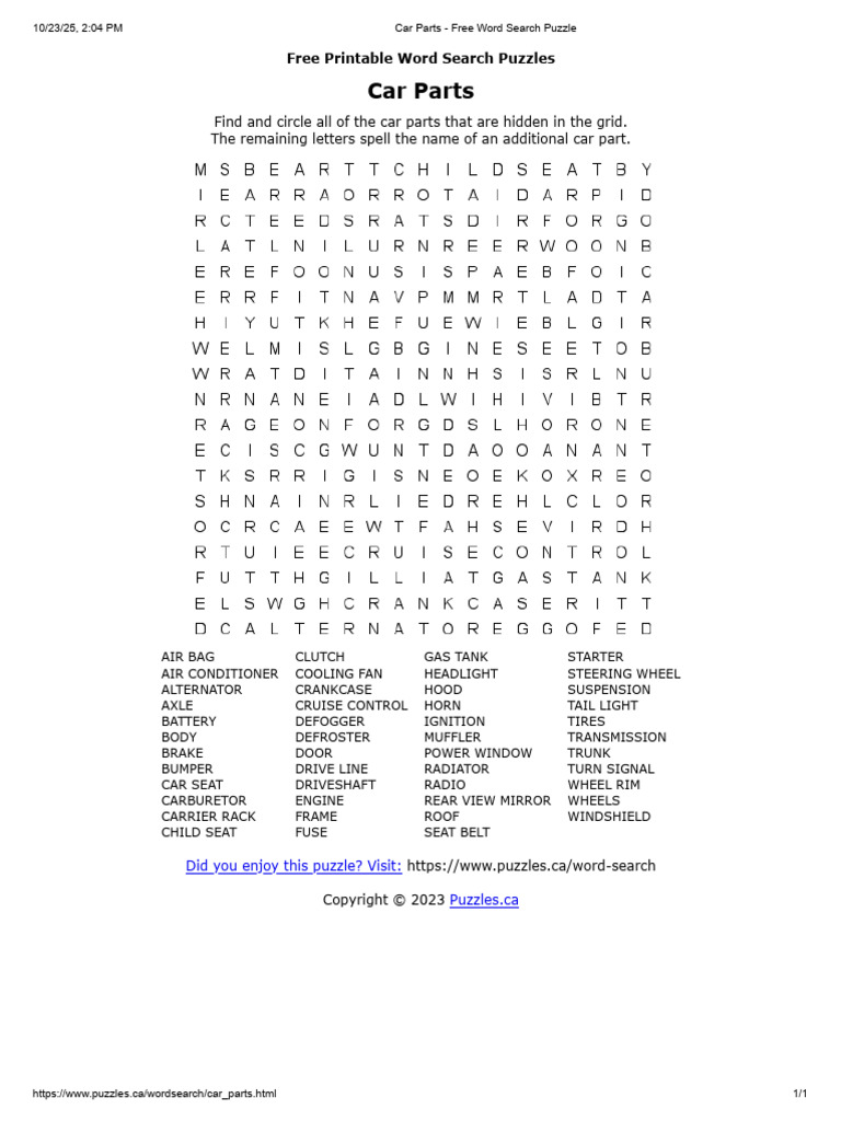 Car Parts - Free Word Search Puzzle | PDF