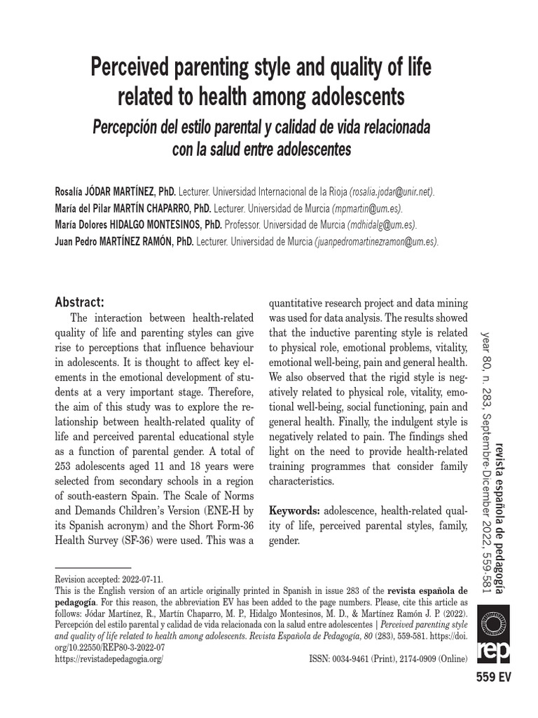Estudio. Perceived Parenting Style and Quality of Life | PDF ...