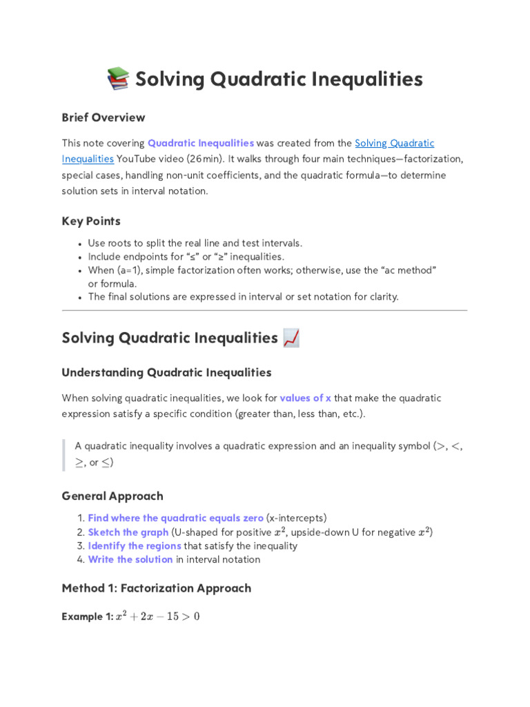 Solving Quadratic Inequalities Guide | PDF | Quadratic Equation ...