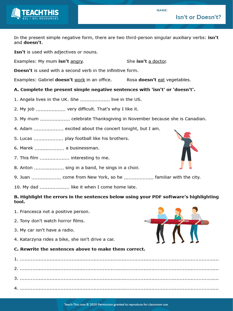Isnt or Doesnt Interactive Worksheet (1) | PDF | Verb | Grammar