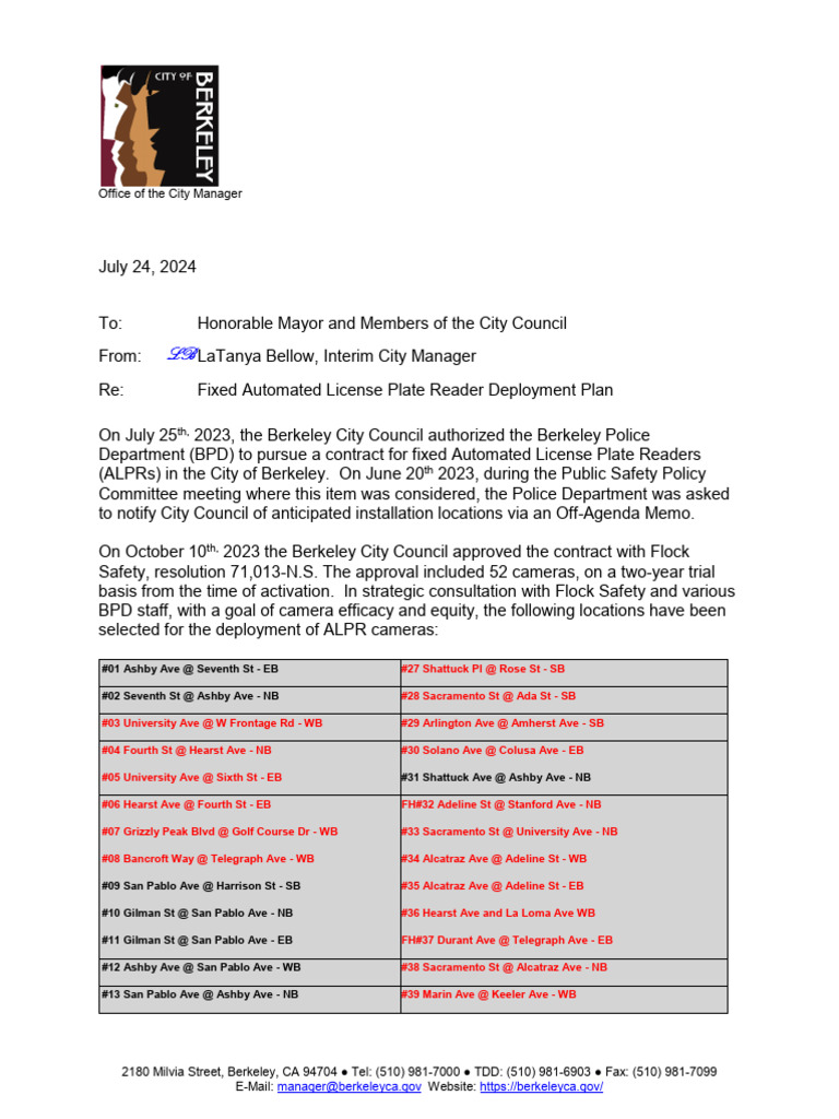2024-07-24 Fixed Automated License Plate Reader Deployment Plan | PDF