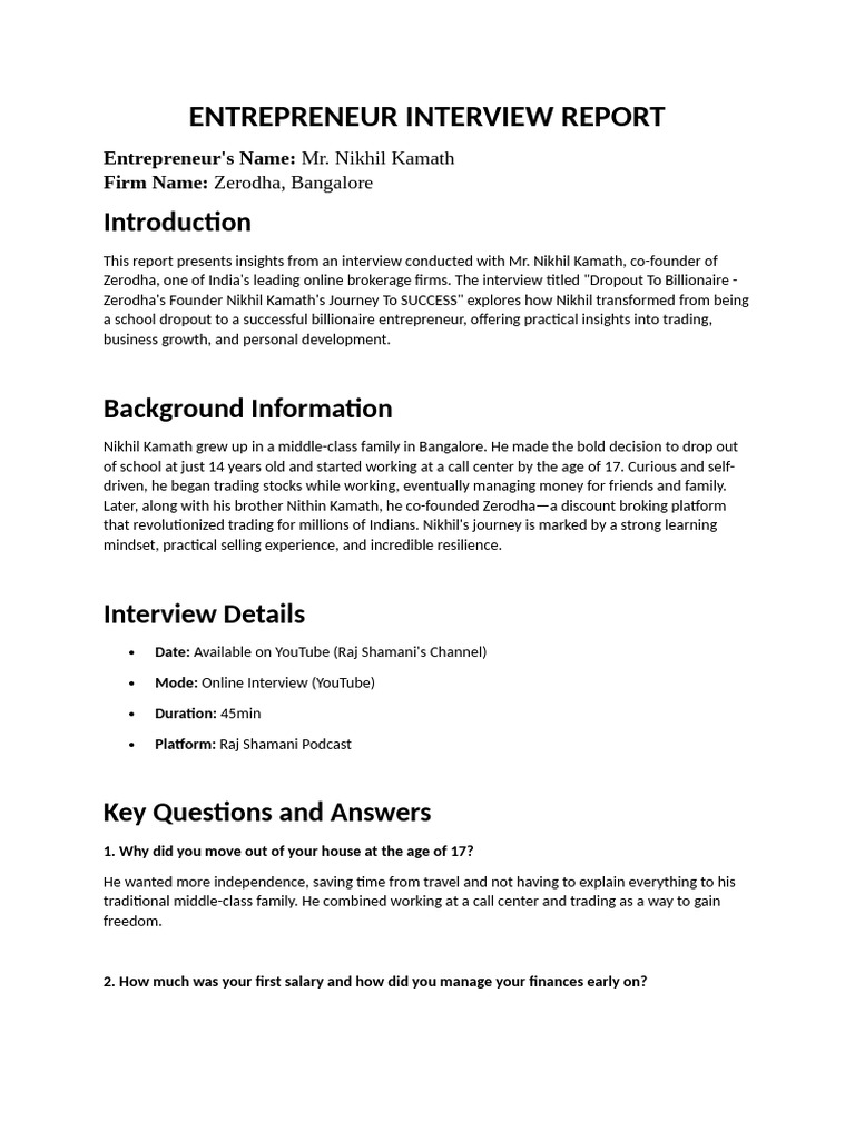 Entrepreneur Interview Report | PDF | Entrepreneurship | Investing