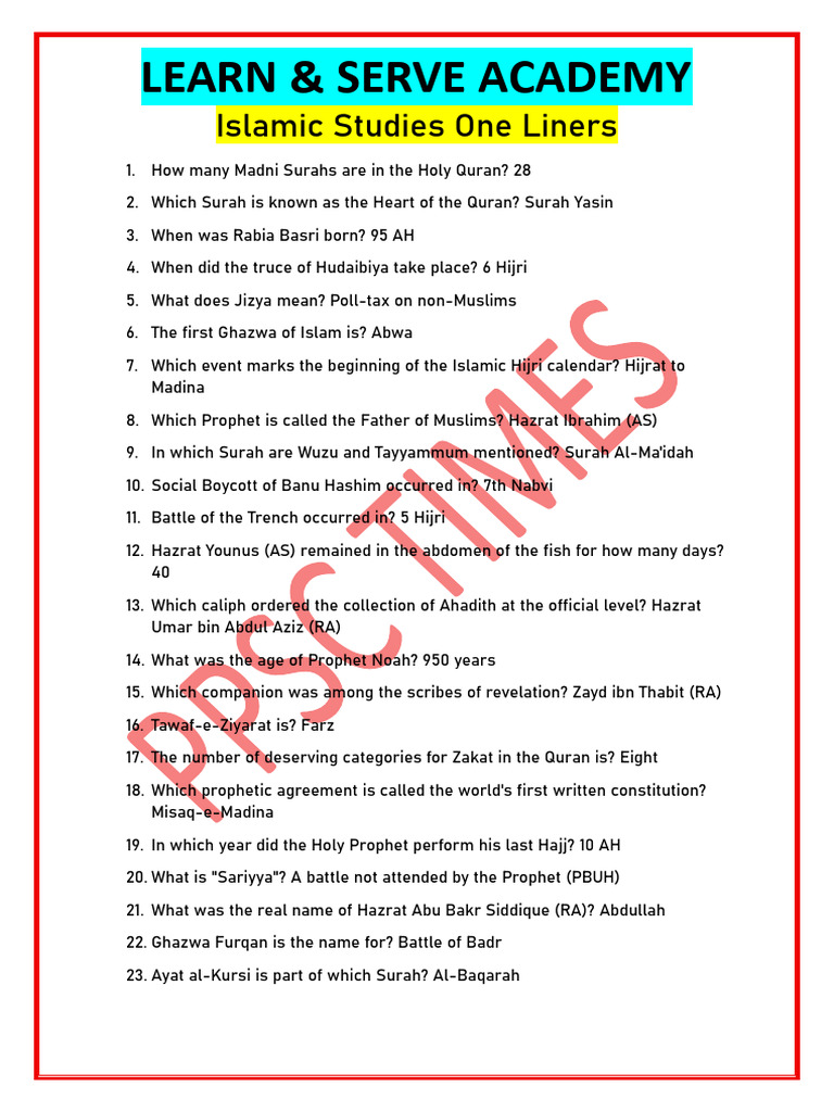 Islamic Studies One-Liners Quiz | PDF | Muhammad | Umar