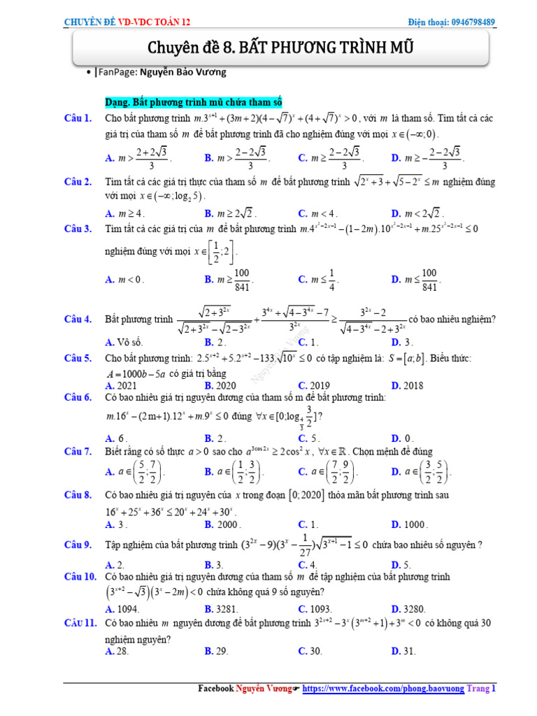 Chuyên Đề 8. Bất Phương Trình Mũ - Câu Hỏi | PDF