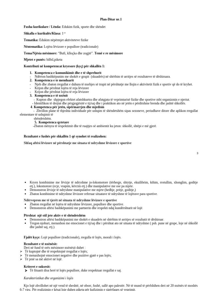 Ditare Fiskulture Ska Gje Se Jane Per Klase Te Pare Se Njesoj Jane | PDF