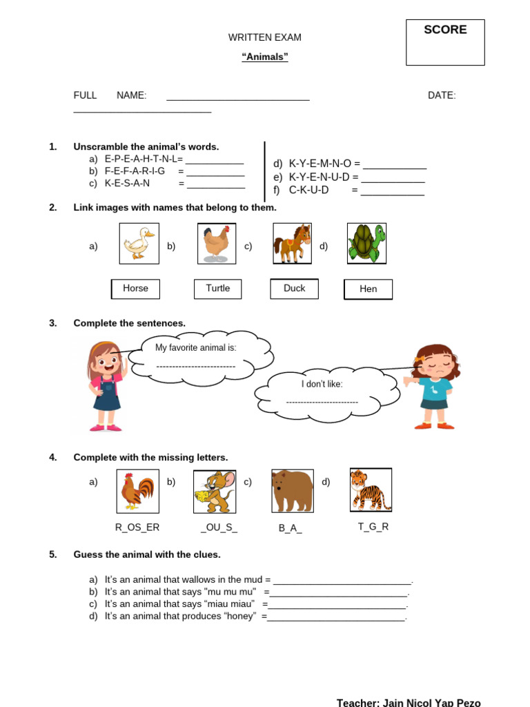 Animal-Themed Written Exam Template | PDF