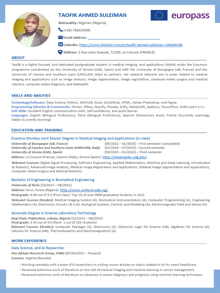 Europass CV Sample | PDF | Medical Imaging | Machine Learning