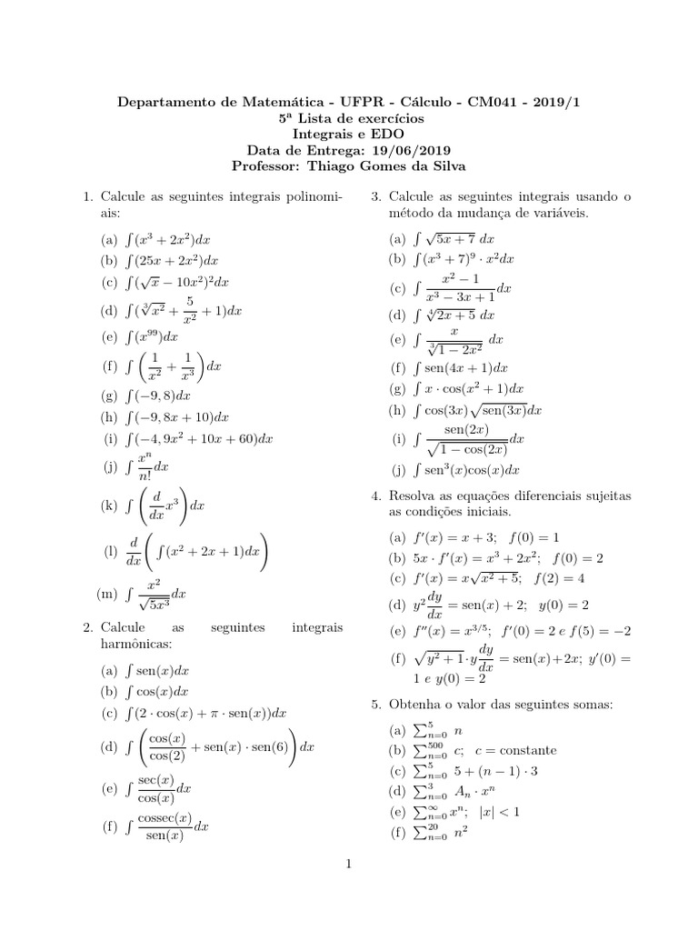Lista-5- Integrais e EDO | PDF | Matemática | Analise matemática