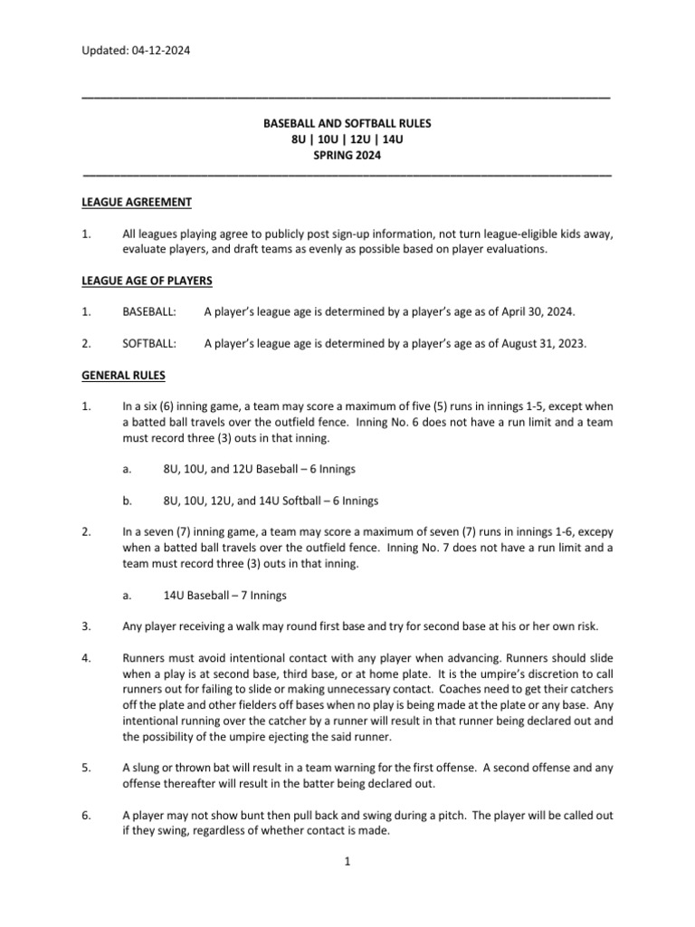 T Ball Rules | PDF | Baseball Field | Pitcher