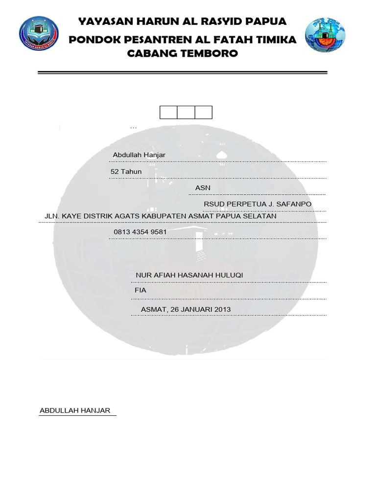 Formulir Pendaftaran Santri Al Fatah | PDF