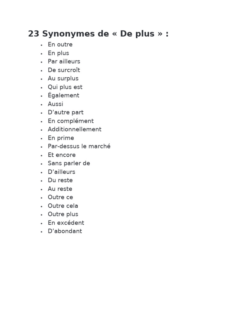 23 Synonymes de « De plus » à utiliser | PDF