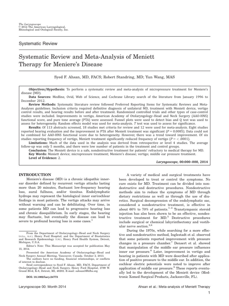 Meniett en Terapia de Meniere | PDF | Systematic Review | Meta Analysis
