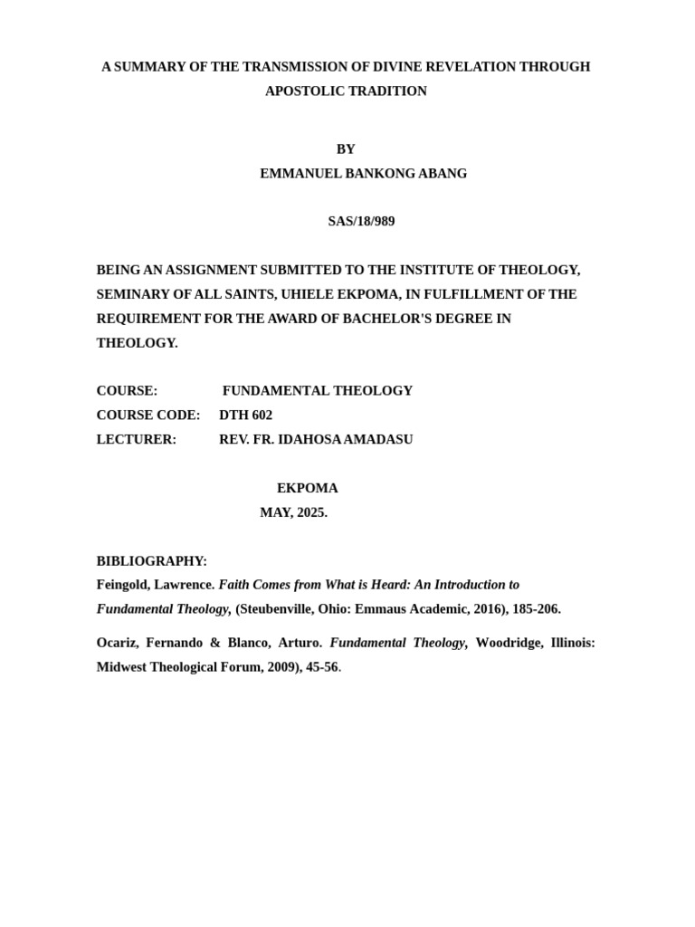 A Summary of the Transmission of Divine Revelation Through Apostolic ...