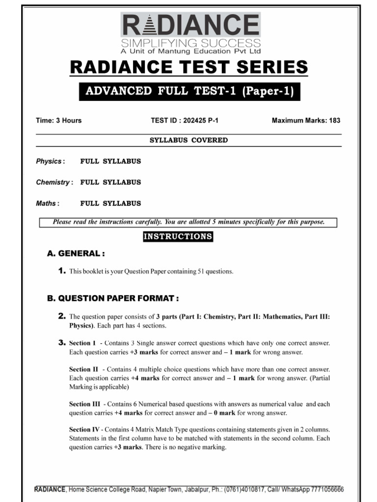 Full Test Paper 1 Advanced | PDF | Pressure Measurement | Force