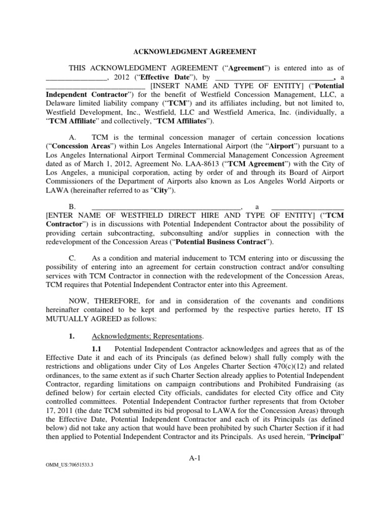 T2 Acknowledgement Agreement For Subcontractors | PDF | Indemnity ...