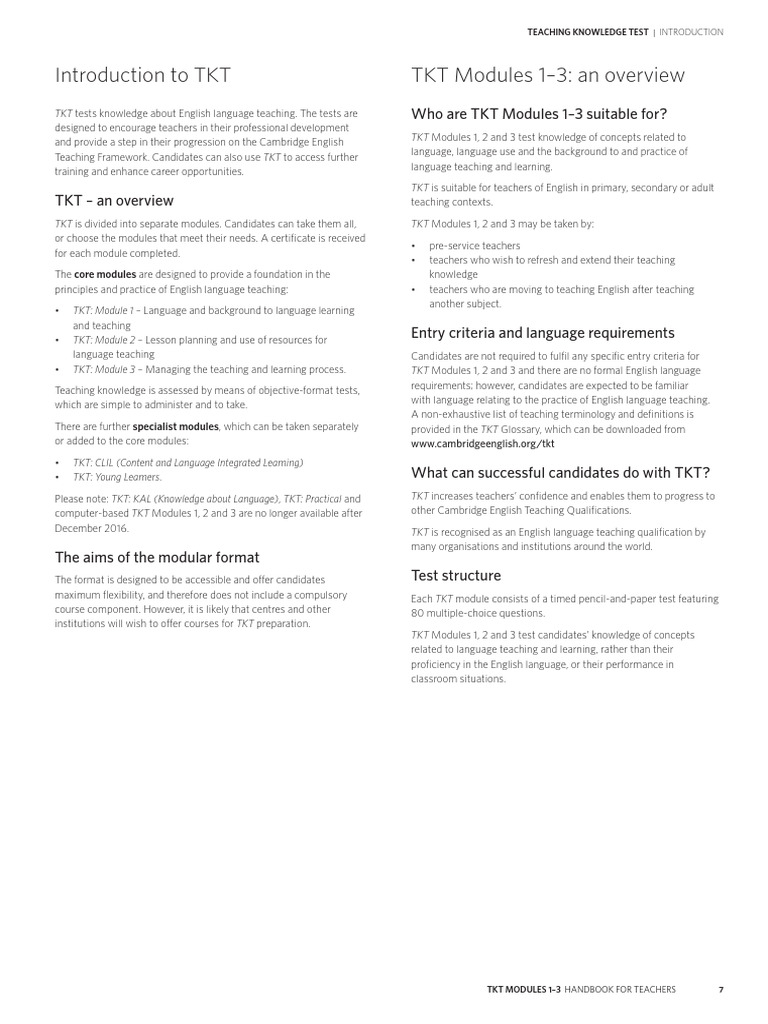TKT Modules 1-3 Teacher Handbook | PDF | Learning | Educational Assessment