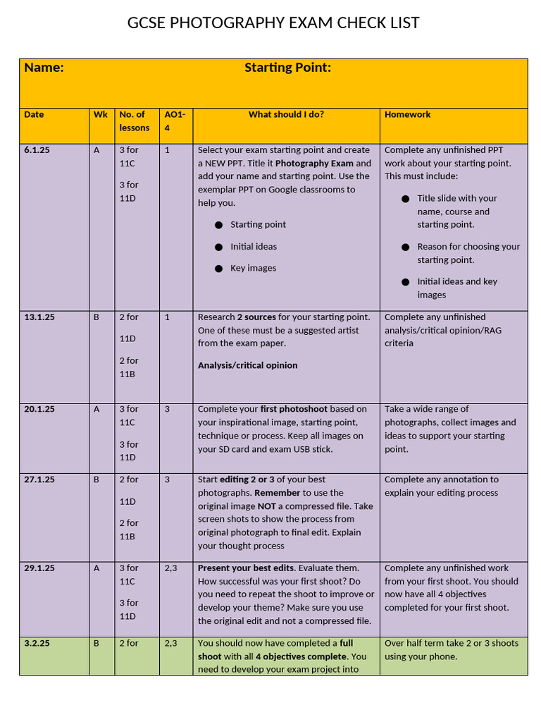 Weekly Art Objective Task List for GCSE Exam | PDF