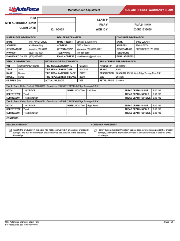 U.S. AutoForce Tire Warranty Claim | PDF | Tire | Land Vehicles