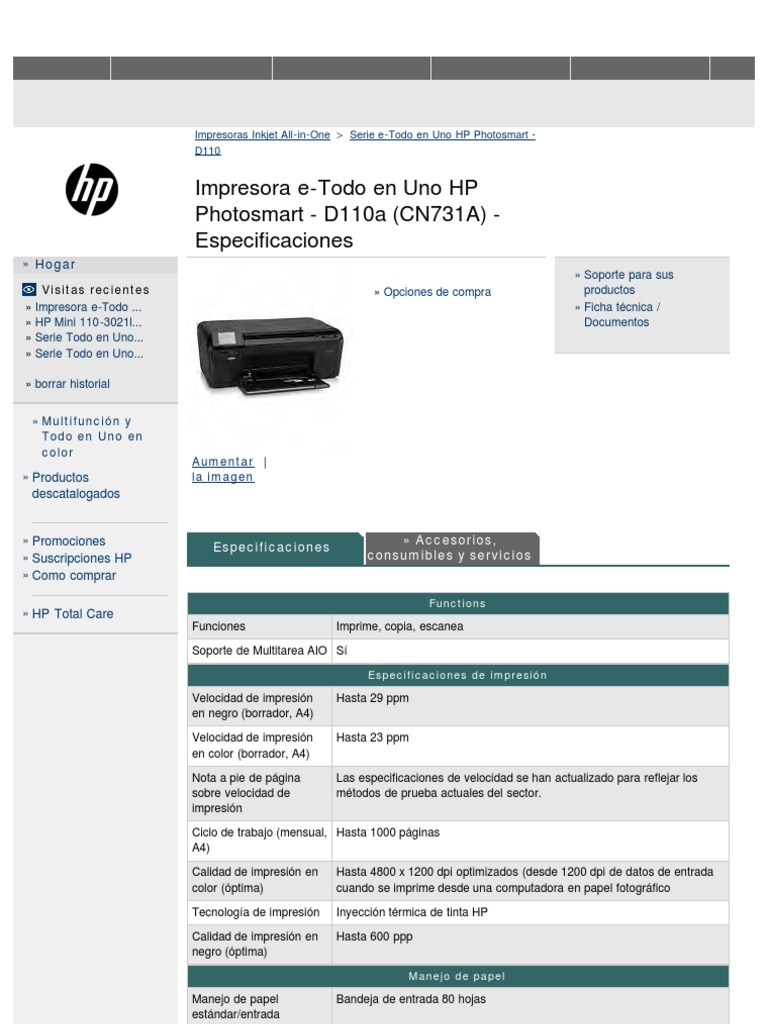 HP Photosmart D110a (CN731A) Spec | PDF | Impresora (Computación ...
