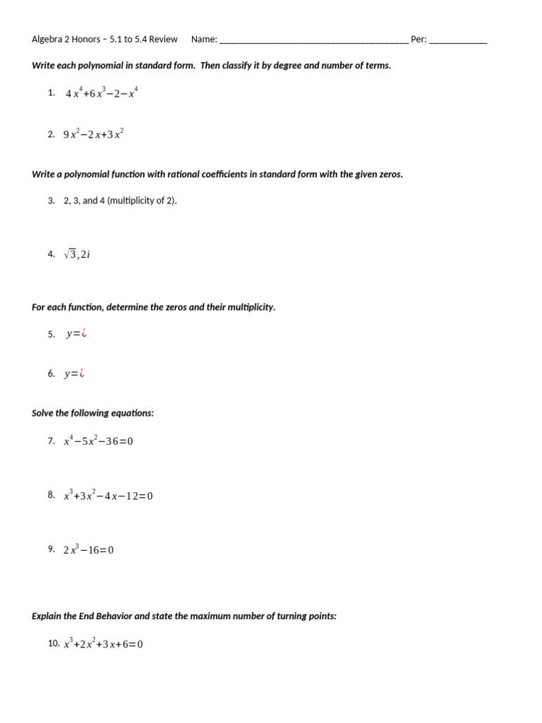 5.1 To 5.4 Review (Algebra 2 Honors) Updated | PDF
