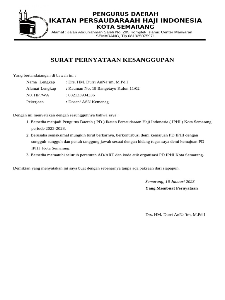 Surat Kesanggupan Pengurus IPHI Semarang | PDF
