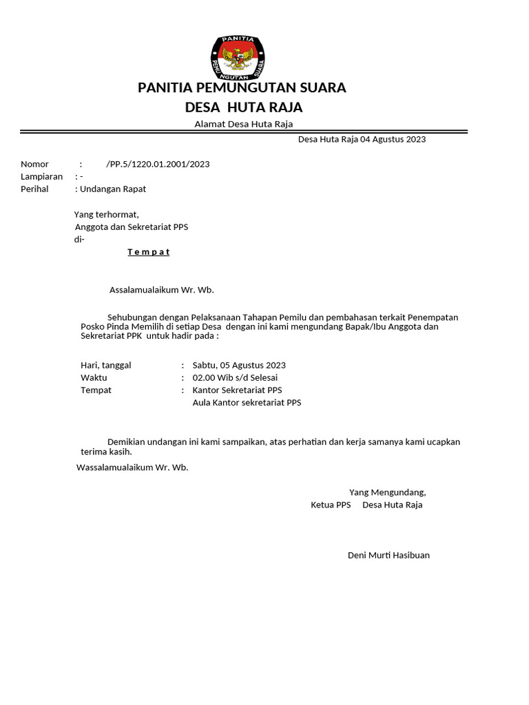 Undangan Rapat Pemilu Desa Huta Raja | PDF