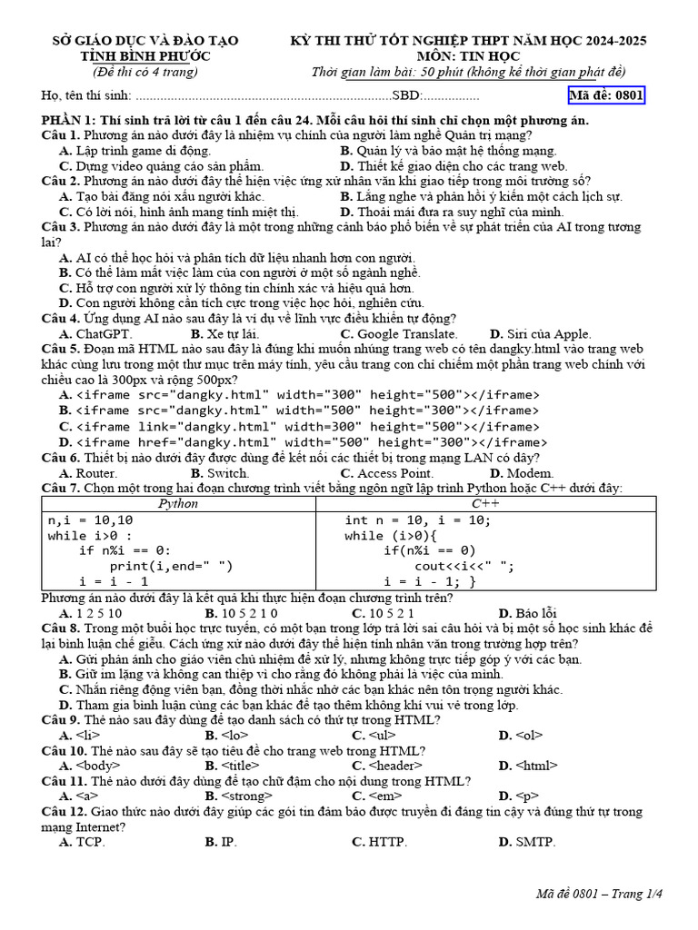 De Thi Thu Tot Nghiep Thpt 2025 Mon Tin Hoc Lan 2 So Gddt Binh Phuoc | PDF