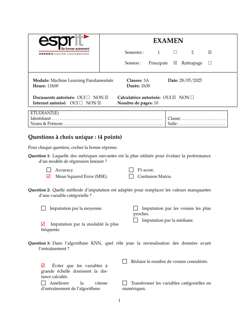 Correction Exam ML 24 25 S2 | PDF | Apprentissage automatique | Analyse de régression