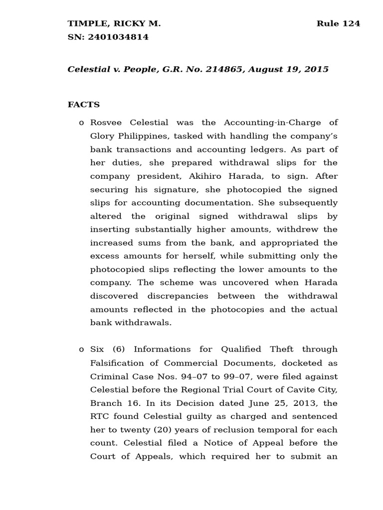 124 Celestial v. People | PDF | Appeal | Brief (Law)