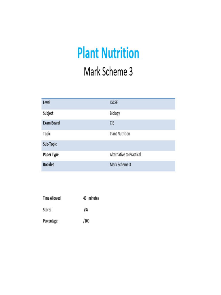IGCSE Biology Plant Nutrition Mark Scheme | PDF | Leaf | Stoma