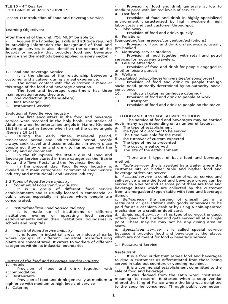 Handout 3rd Quarter FBS | PDF | Tableware | Restaurants