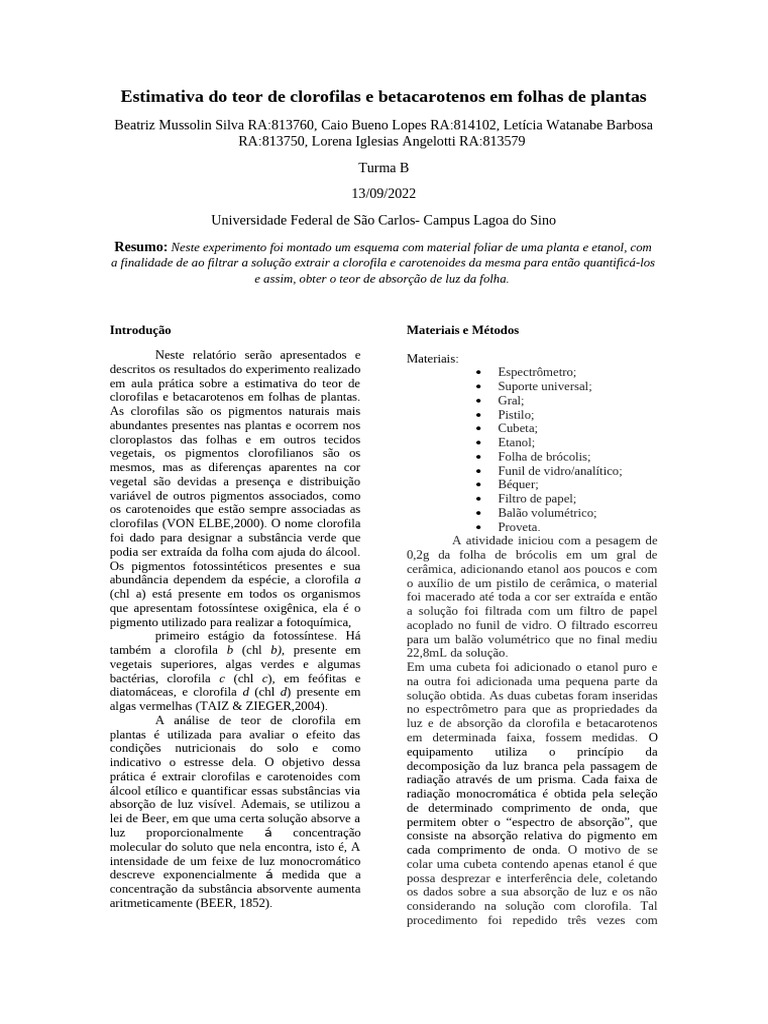 Análise de Clorofilas e Betacarotenos | PDF | Clorofila | Fotossíntese