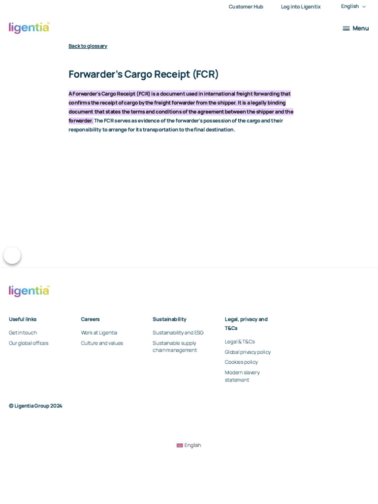 FCR - Forwarder’s Cargo Receipt (FCR) - Ligentia | PDF