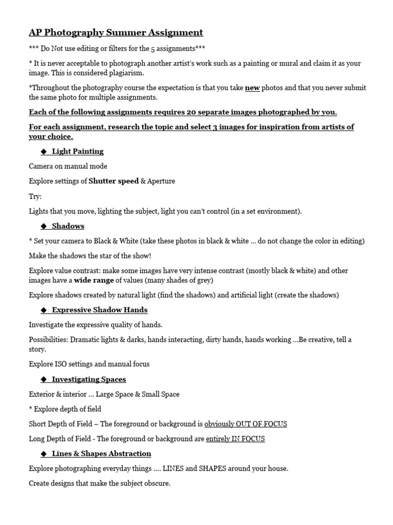 AP Photo Summer Assignment | PDF | Photograph | Film Speed