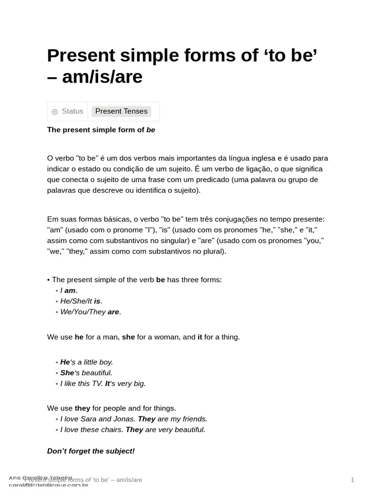 Present Simple Forms of "To Be" | PDF | Languages Of Europe | Grammar