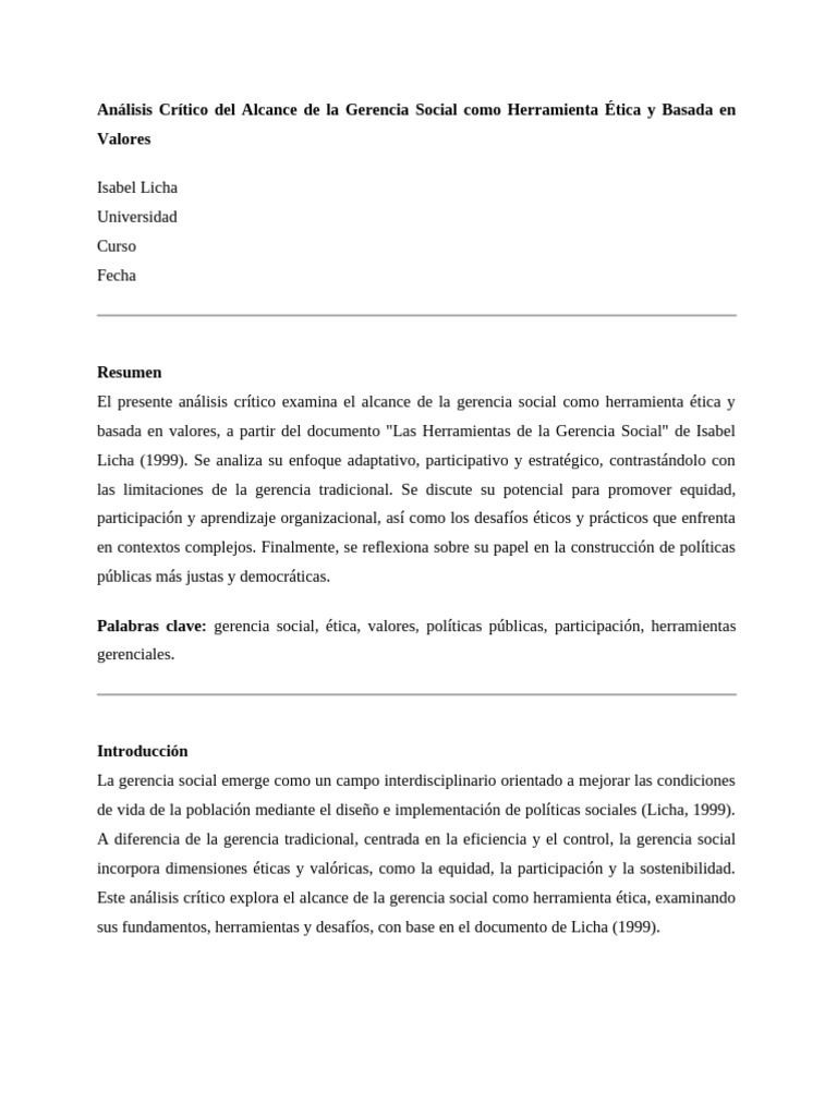 Análisis Crítico Del Alcance de La Gerencia Social Como Herramienta ...