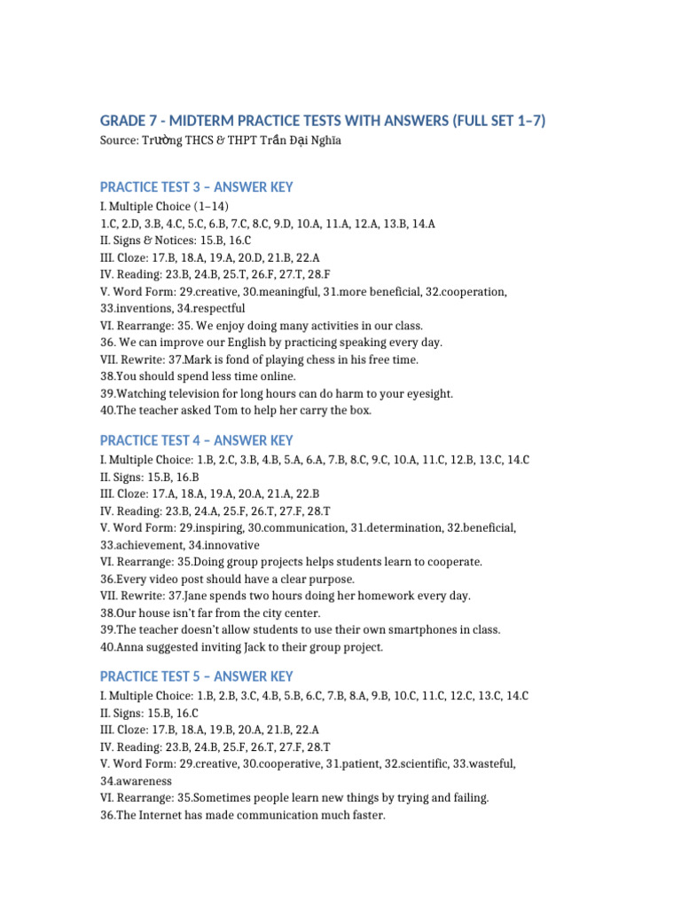 Grade 7 Midterm Practice Tests & Answers | PDF