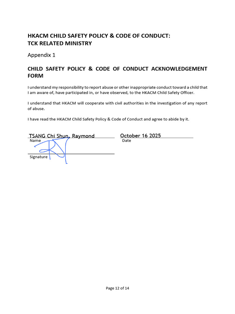 HKACM Child Protection Policy_acknowledgement Form | PDF