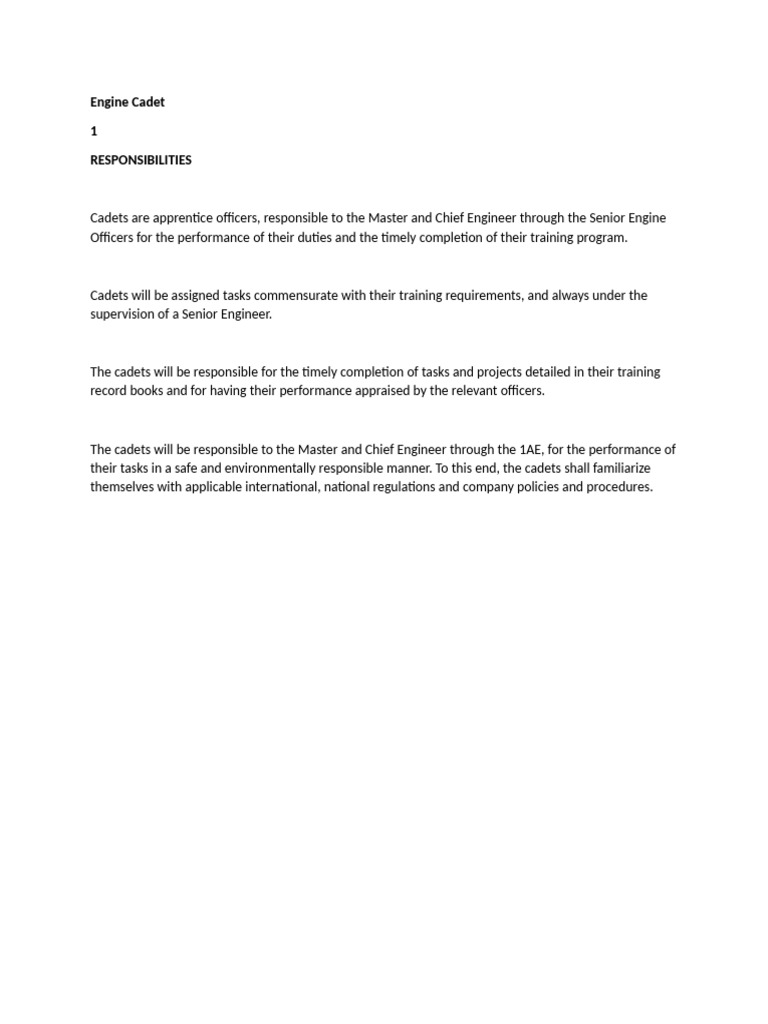 Engine Cadet Responsibilities Overview | PDF