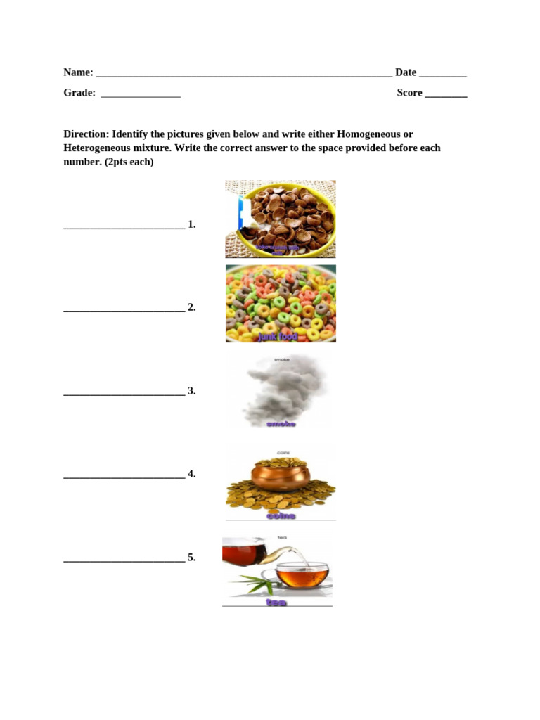 Mixture Identification Worksheet | PDF