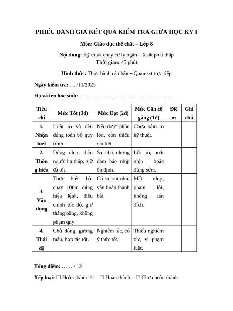 Phieu Danh Gia GDTC 8 | PDF