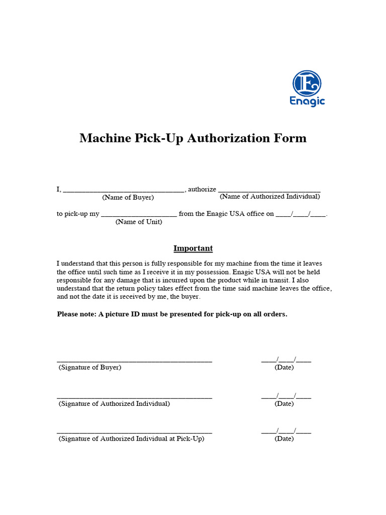 Machine Pick-up Auth Form | PDF