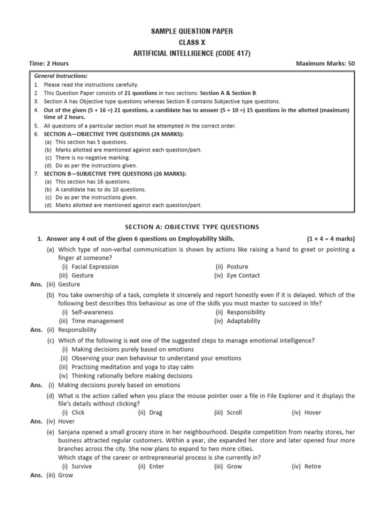 Class X AI Question Paper (Code 417) | PDF | Machine Learning ...