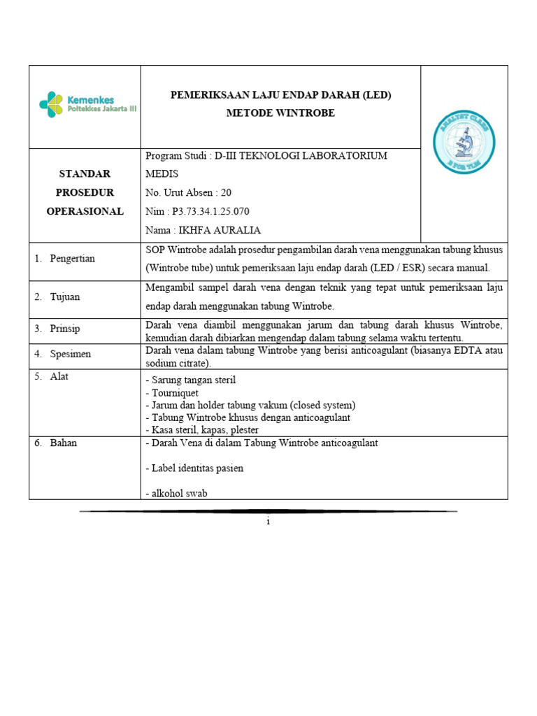 SOP Pengambilan Darah LED Wintrobe | PDF