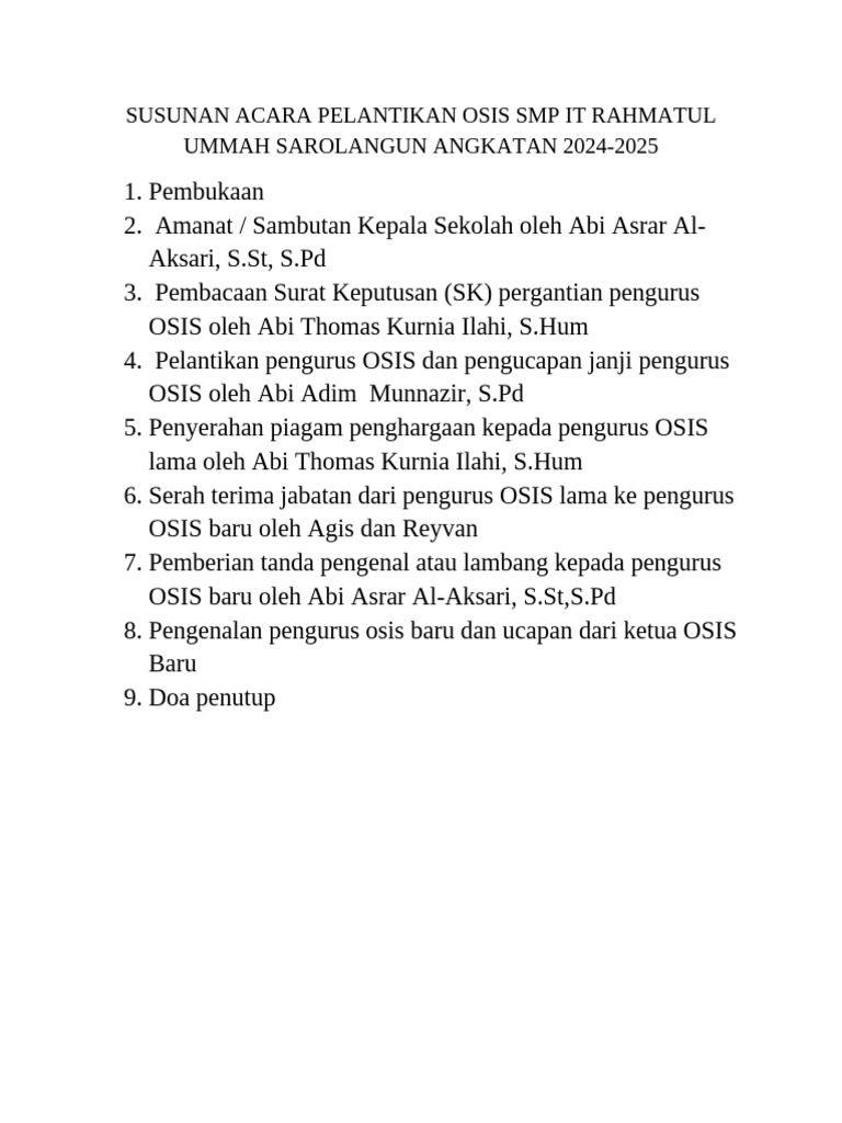 Susunan Acara Pelantikan Osis SMP It Rahmatul Ummah Sarolangun | PDF