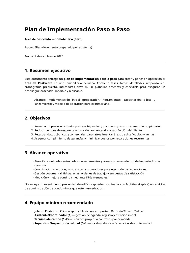 Plan de Implementación Paso a Paso - Área de Postventa (Inmobiliaria ...
