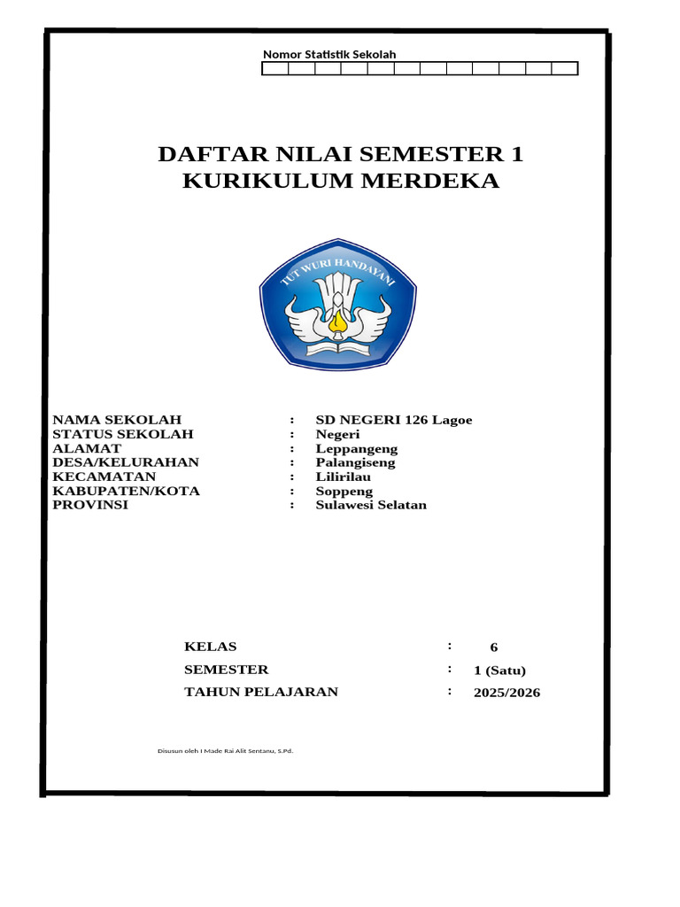 Daftar Nilai Semester 1 SD 126 Lagoe | PDF
