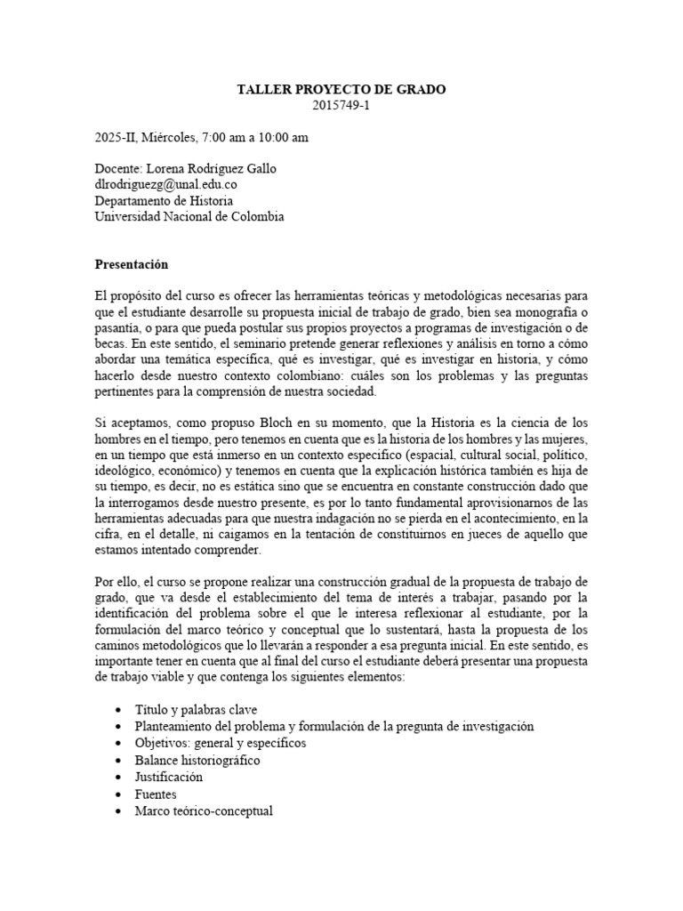 Programa Taller Proyecto de Grado_2025-II | PDF | Historiografía | Colombia